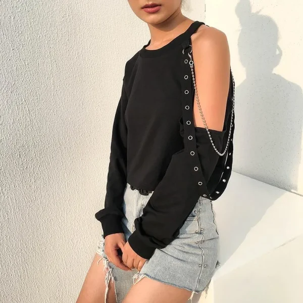 Gothic sweatshirt with chain and open shoulder - Gothic Shop