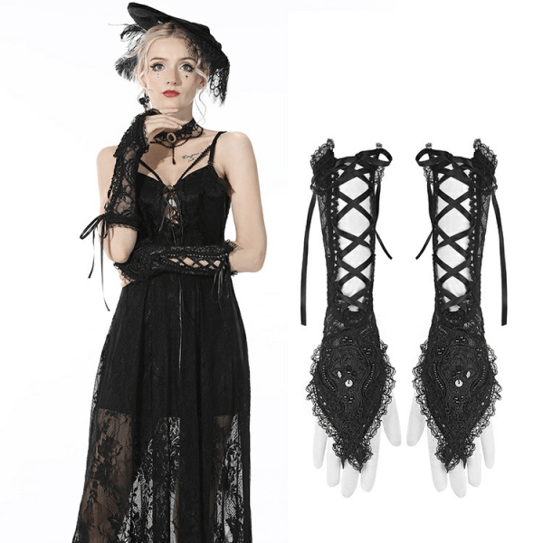 Black gothic gloves with strappy lace for women - Gothic Shop