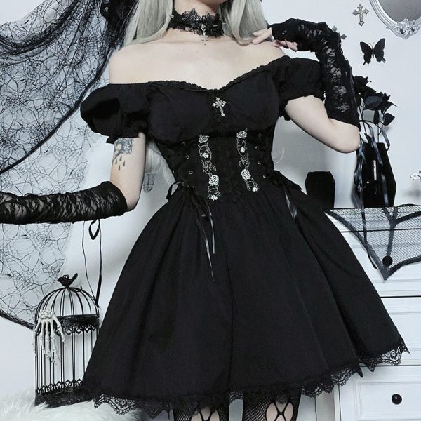 Drapirana obleka z gotsko vezenino vrtnic za ženske - Gothic Shop