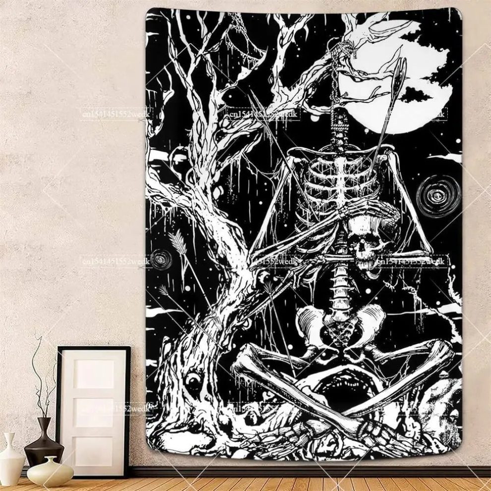 Gotisch wandtapijt met schedel en skelet voor kamer - Gothic Shop