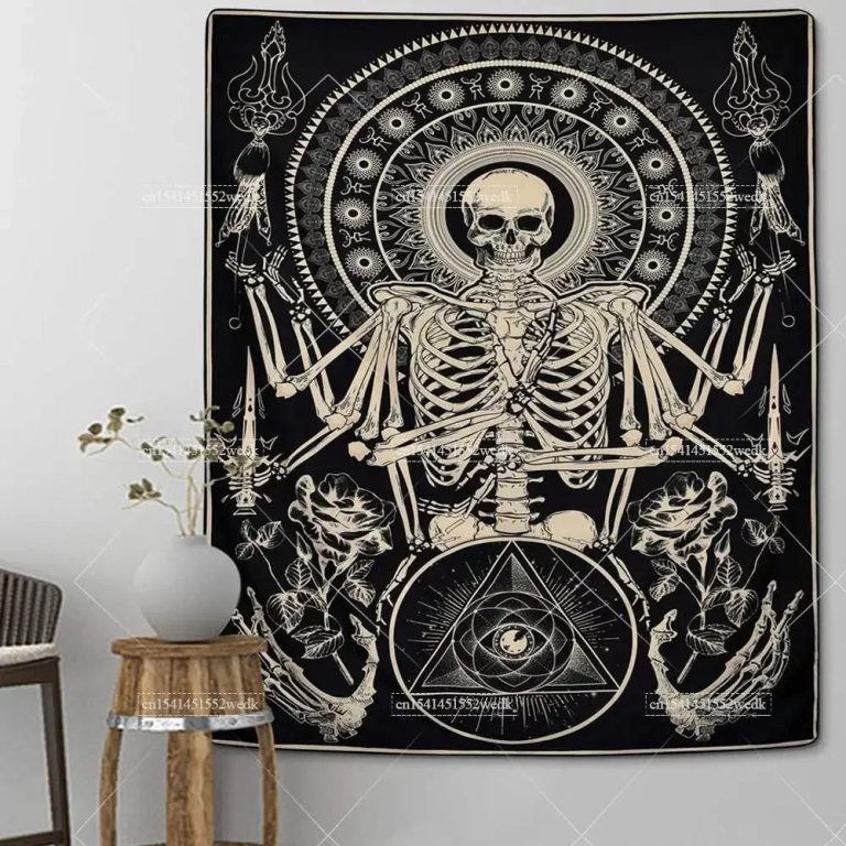 Gotisch wandtapijt met schedel en skelet voor kamer - Gothic Shop